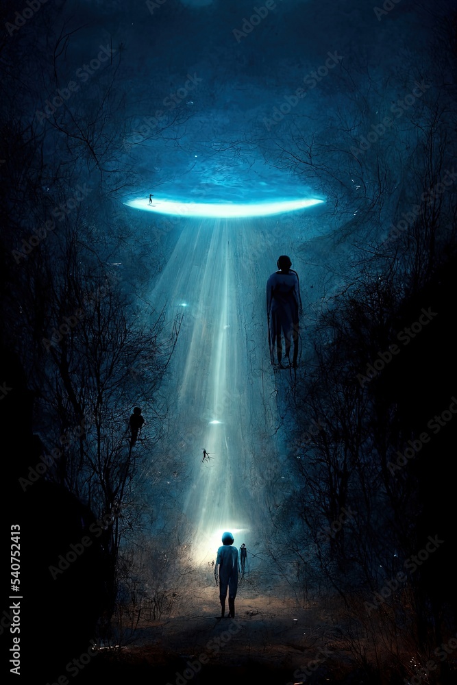 Sci fi scene with alien abduction. Man being abducted by alien space ...