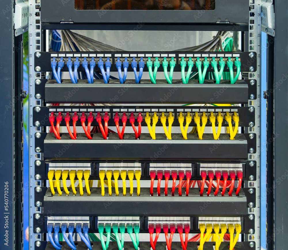 Network cables in switch and firewall in cloud computing data center server rack Stock Photo ...