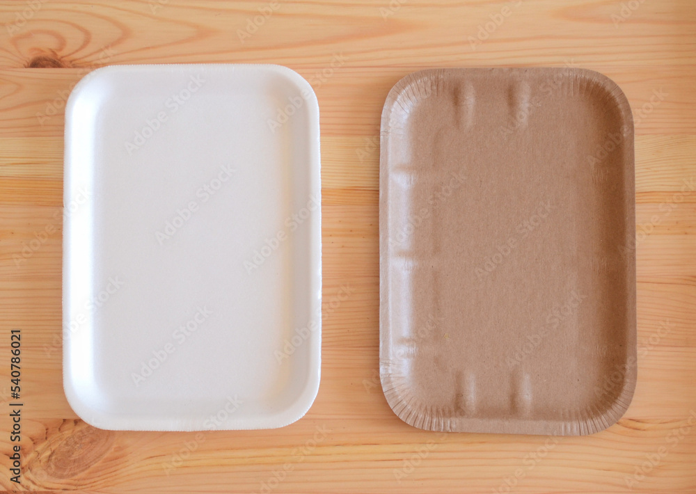 Top view of a white polystyrene food tray (number 6 plastic) next to a ...