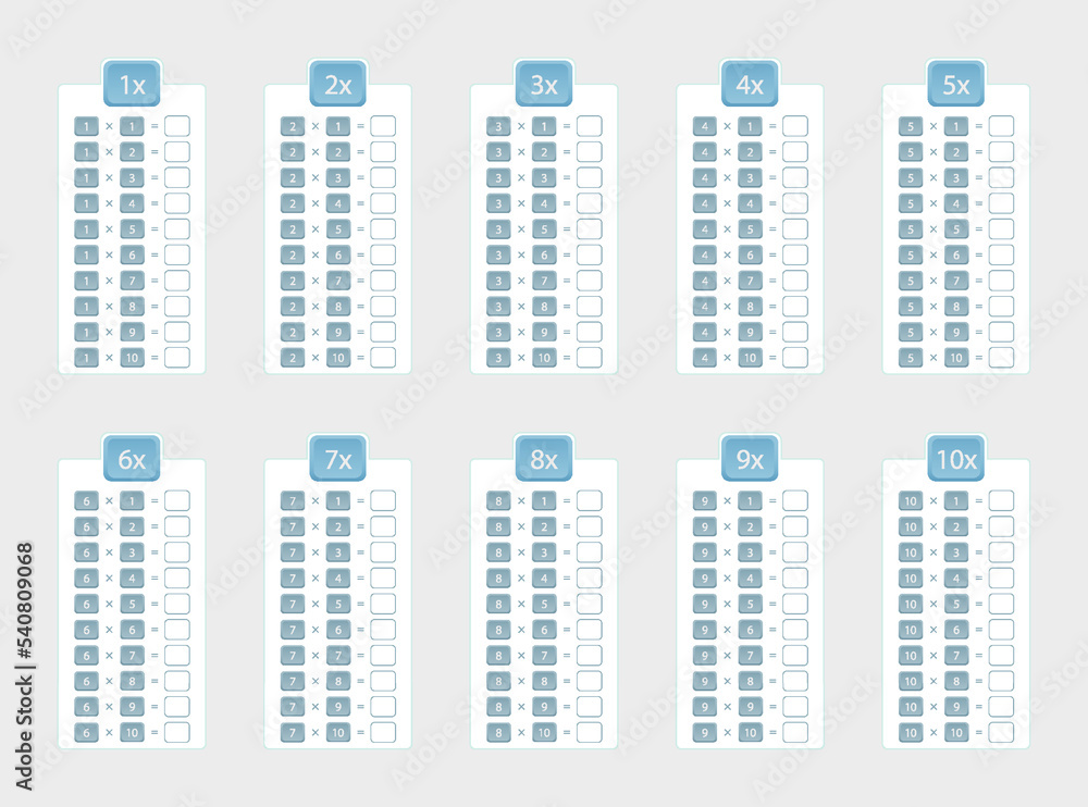 Set of multiplication tables for practice from 1 to 10, multiplication ...
