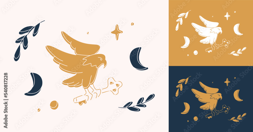Magic eagle holding key clipart set. Linocut magic elements collection ...