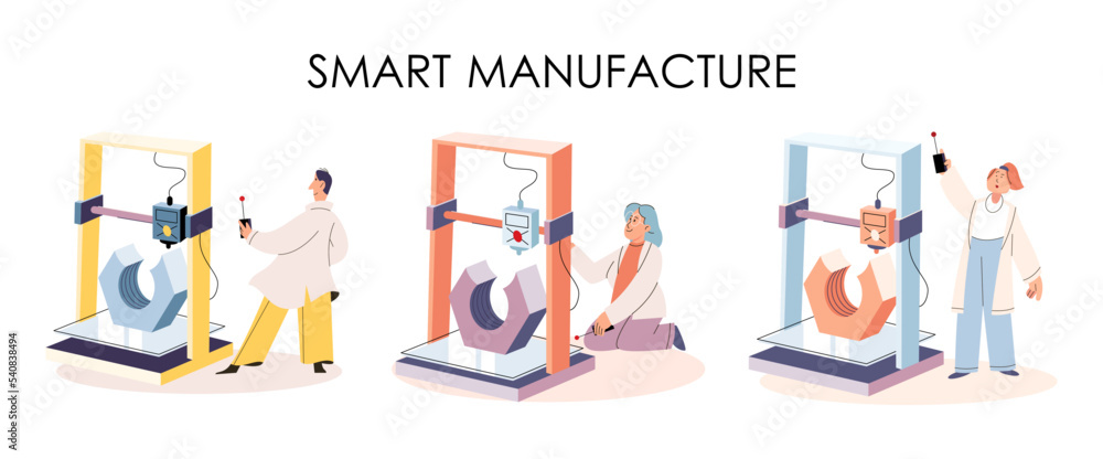 Manufacturing process industry. Scientist robot assembling products ...