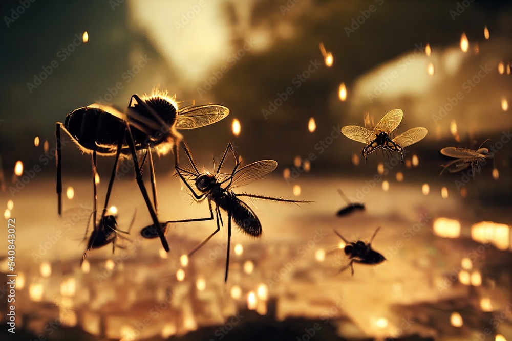 mosquitoes flying through the city lights. Diseases transmitted by ...