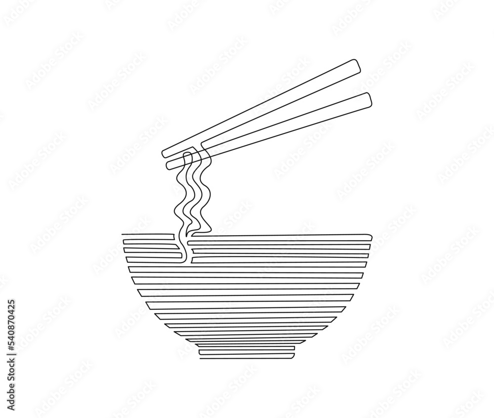 Continuous one line drawing of asian noodle in the bowl. Ramen single ...