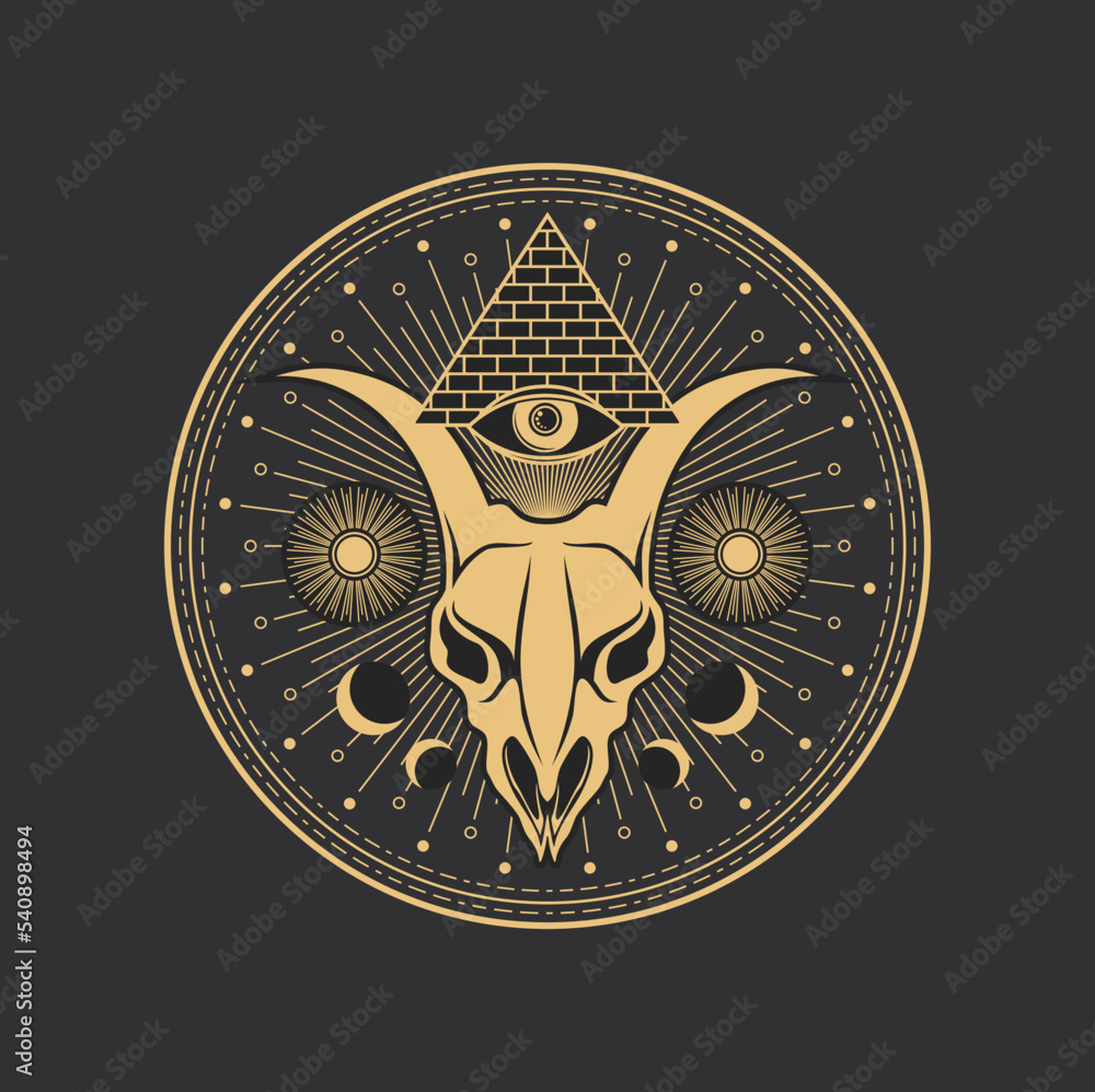 Pentagram, occult magic circle with goat skull, pyramid and eye, vector ...