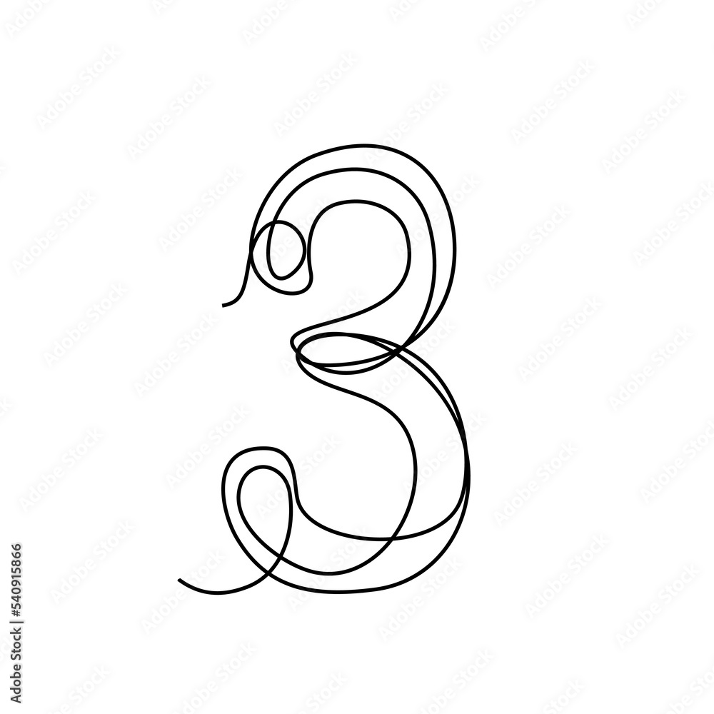 three, 3 - digit, the number is drawn with one solid line. vector ...