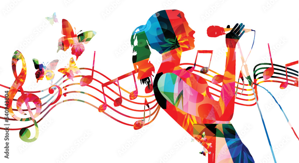 Female singer singing to microphone in intense colors. Performer with ...