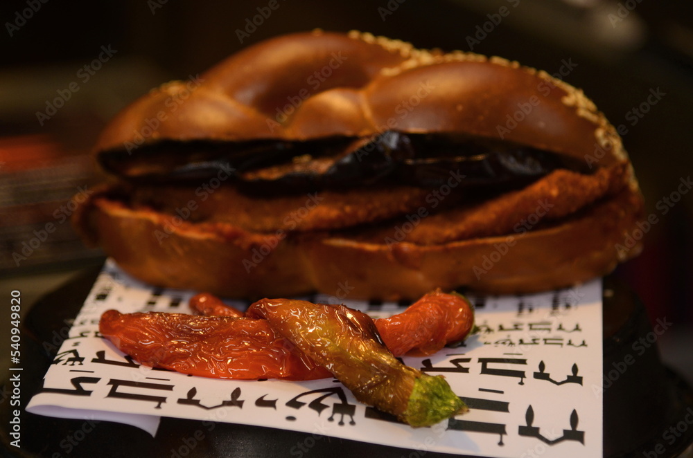 Sandwich with chicken schnitzel and eggplant. Challah with meat and ...