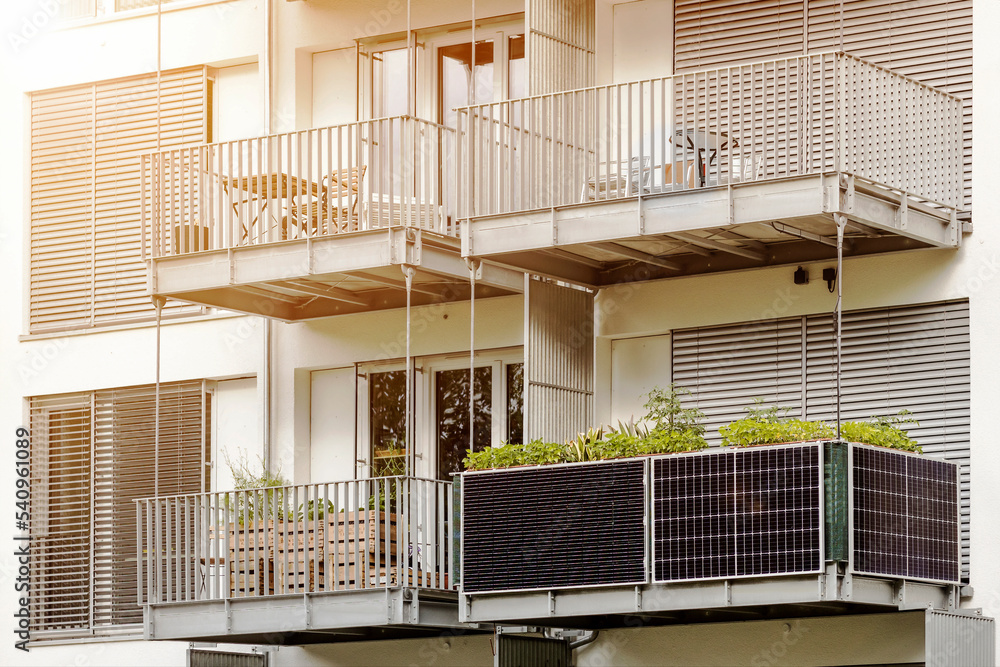 Solar Panels on Balcony of Apartment Building. Modern Balcony with ...