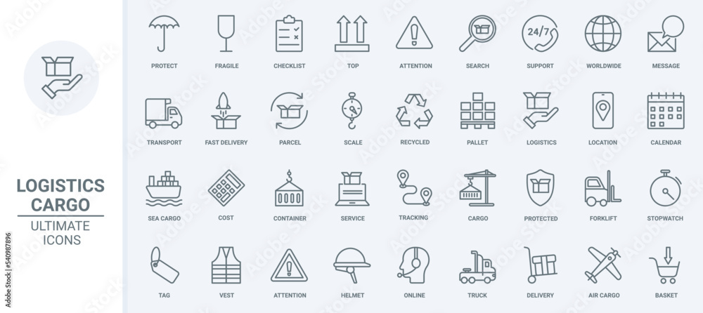 Worldwide delivery support service, logistics and transport thin line ...