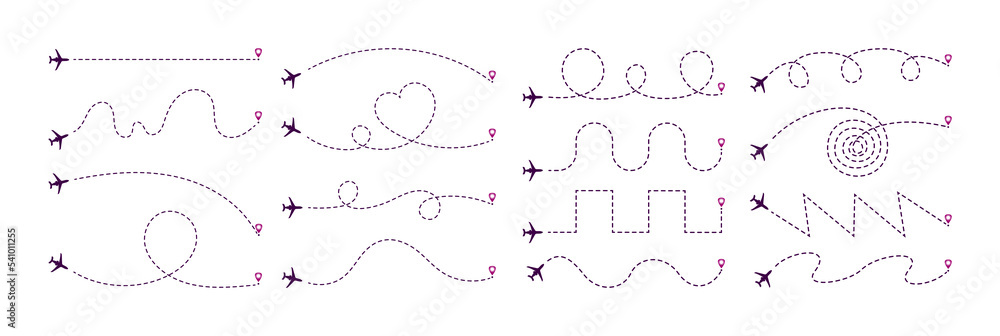 Line trails of flying aeroplane set. Vector illustrations of paths of ...