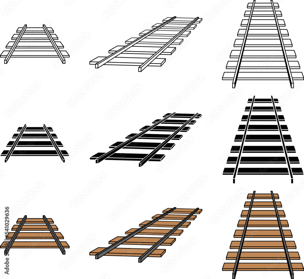 Angled Railroad or Train Tracks Clipart Set - Outline, Silhouette ...