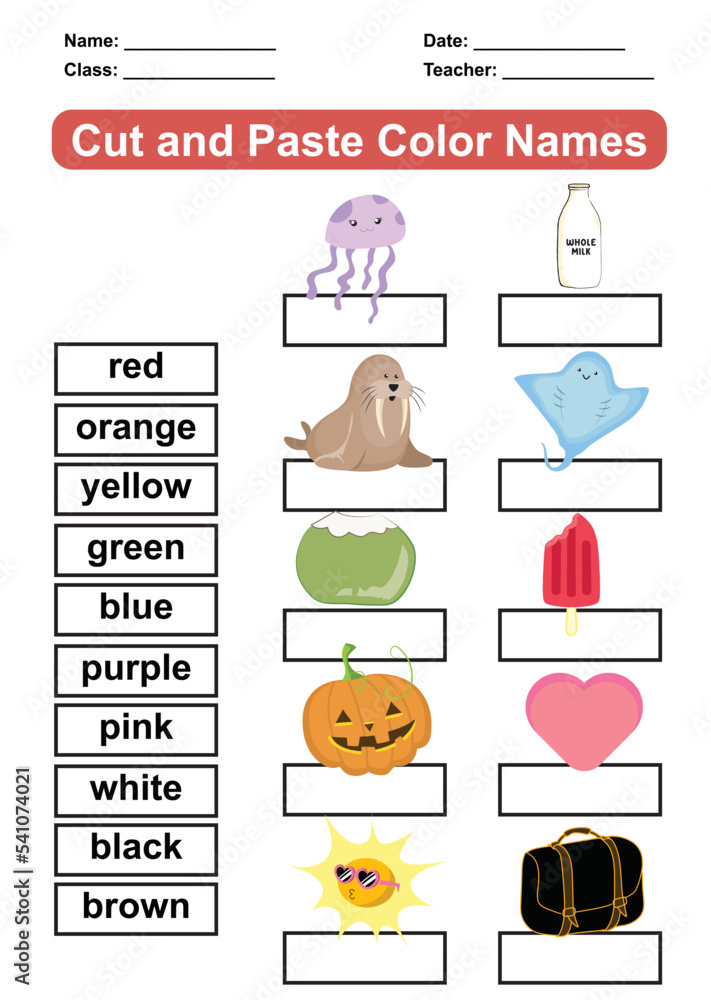 Learning about colors worksheet. Educational sheet for preschool. Cut and paste color names ...