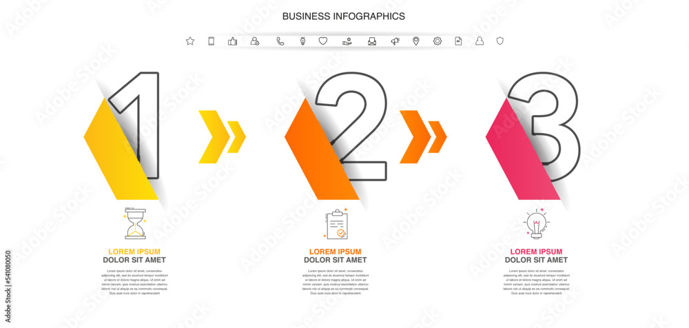 Vector timeline infographics with three steps, icons, flowchart ...