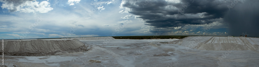 Natural resources. Industry. Panorama view of the white salt flats and ...