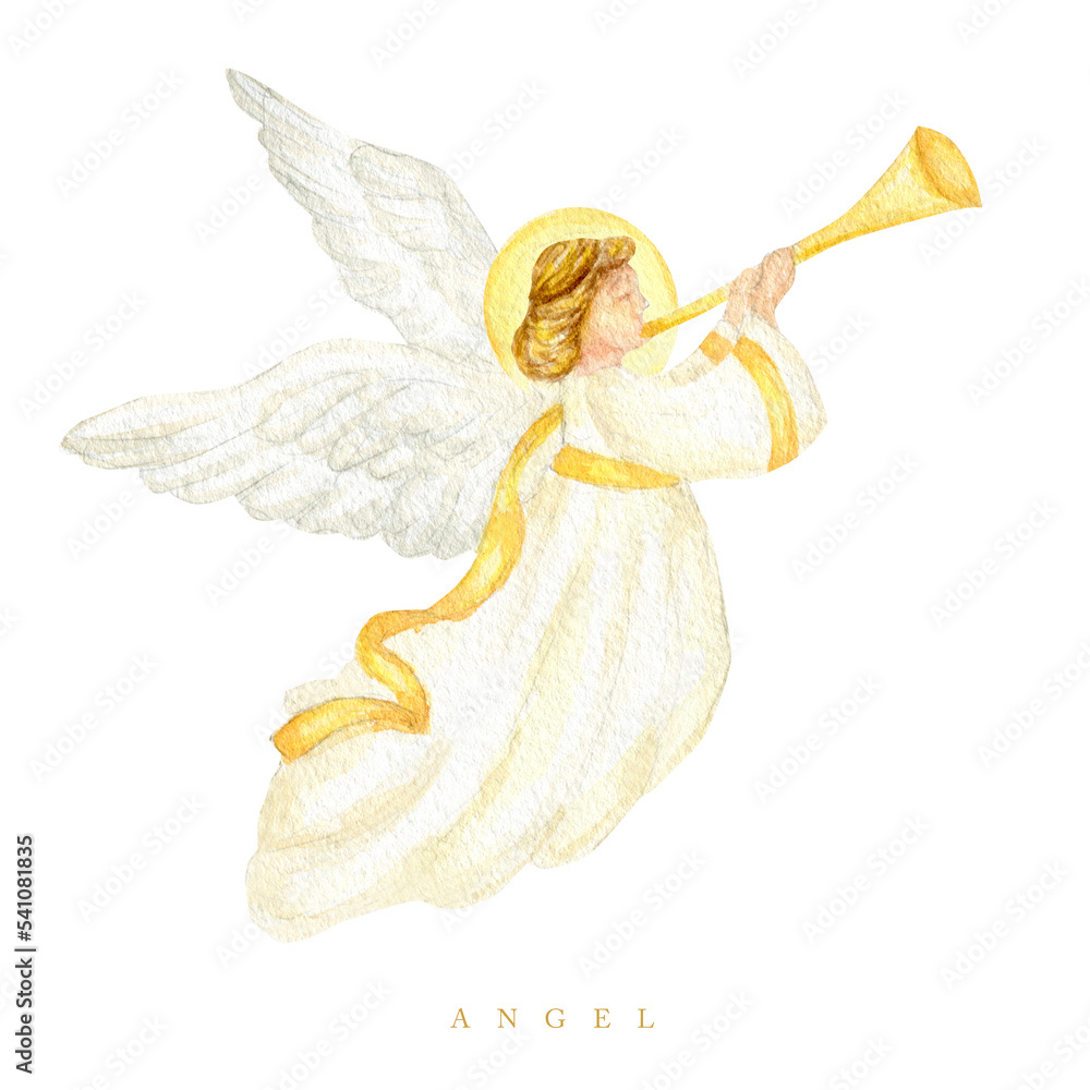 Christmas angel with trumpet watercolor illustration, Christian ...