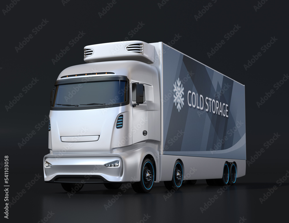Heavy truck with reefer container on black background. Cold chain ...
