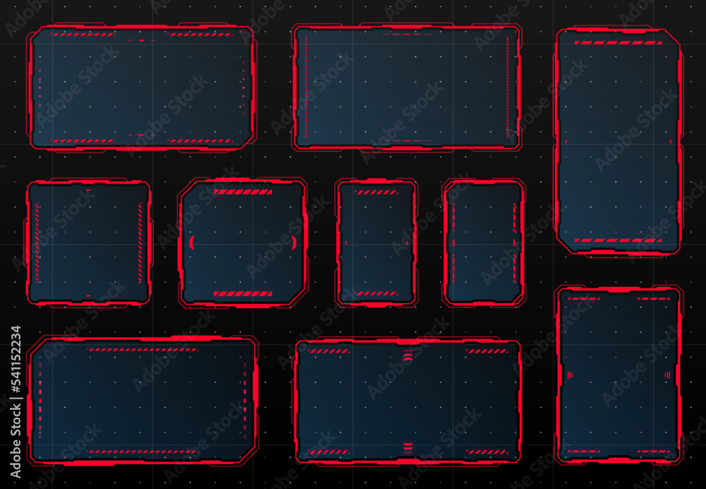 Red HUD danger warning and alert attention frames, vector interface ...