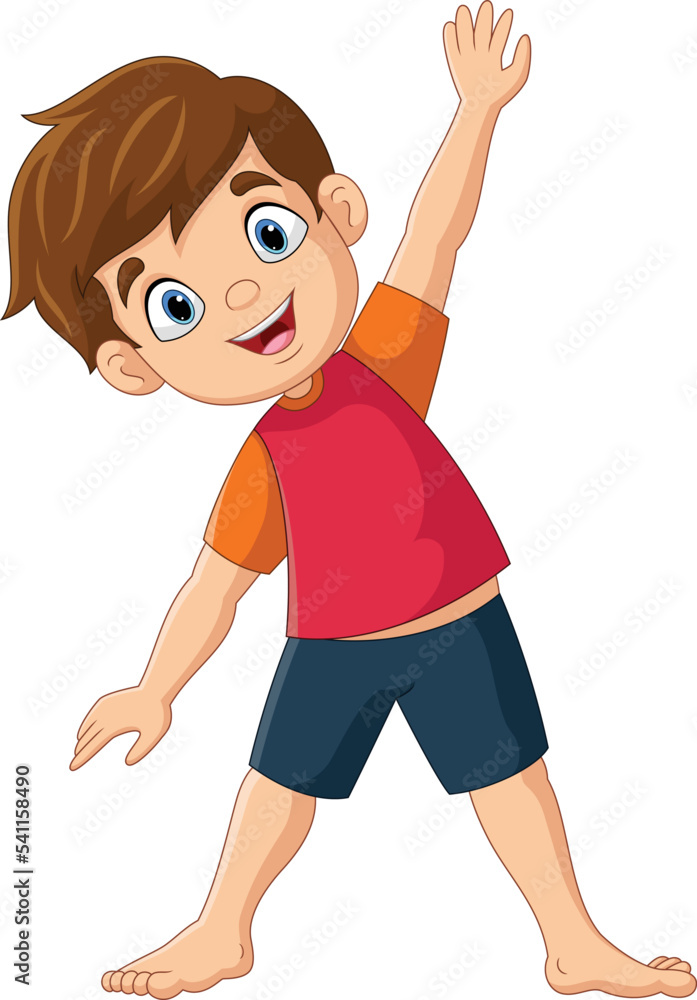Cartoon little boy doing triangle yoga pose Stock Vector | Adobe Stock