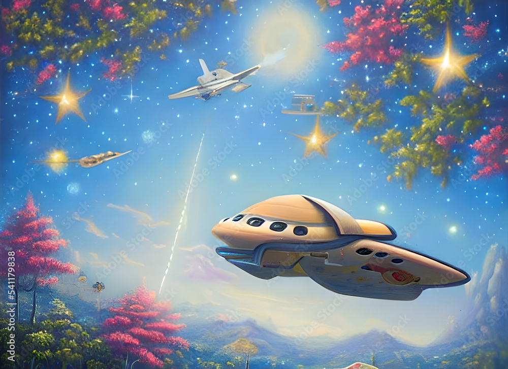 Astronomy Cosmos Star Ship Flying Cartoon Sky Moon Alien Stars Travel ...