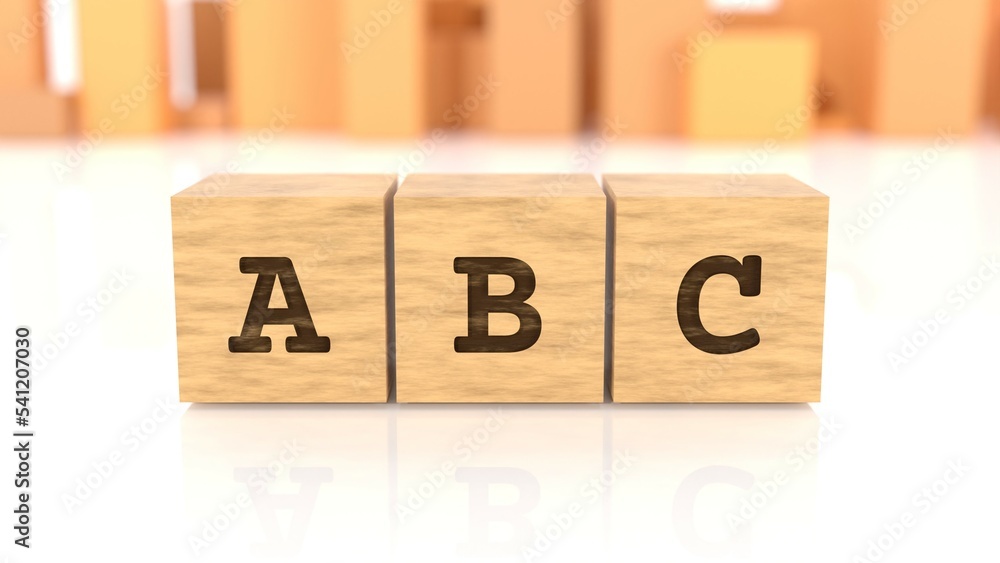 Letters ABC branded on cube wood reflected on the beautiful surface ...