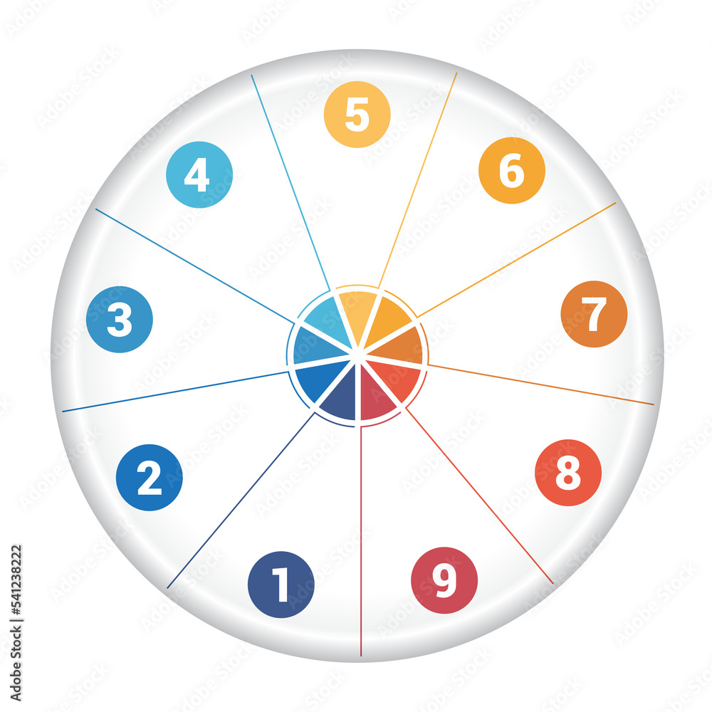 Infographic template, pice chart numbered, 9 positions, isolated Stock ...
