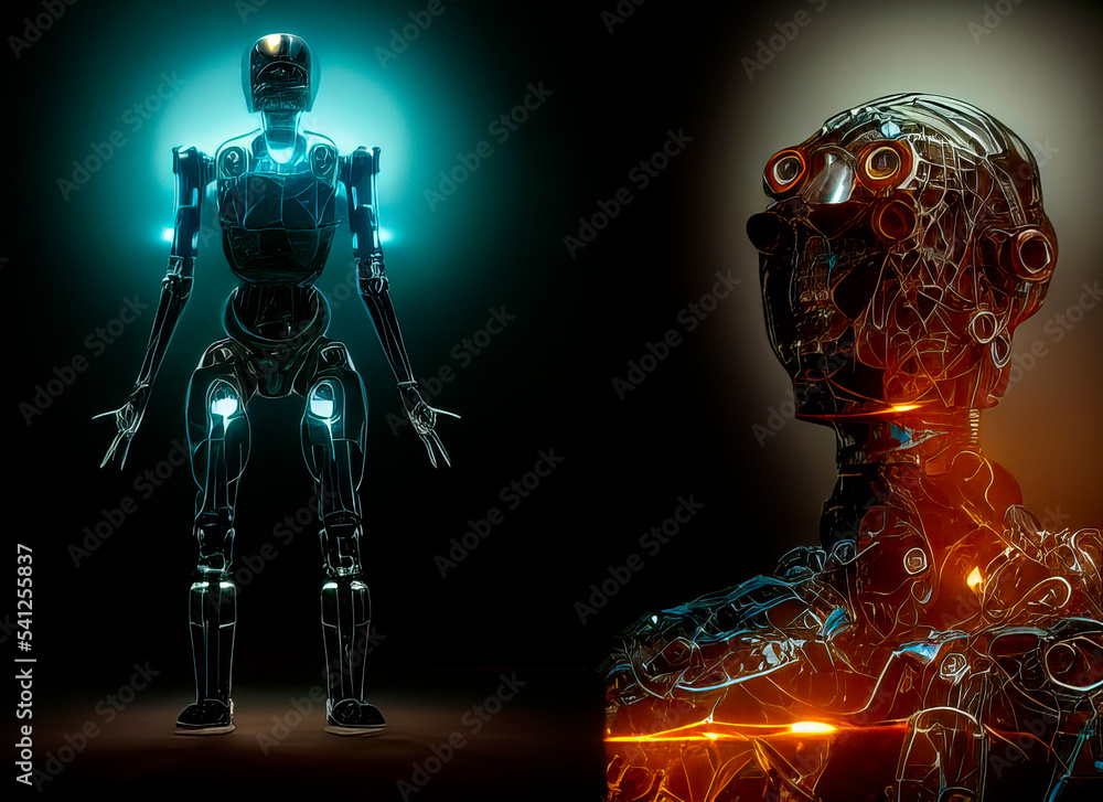 Robots. Futuristic interpretation Future 2025.Generation of robots. Virtual reality. Golden ...