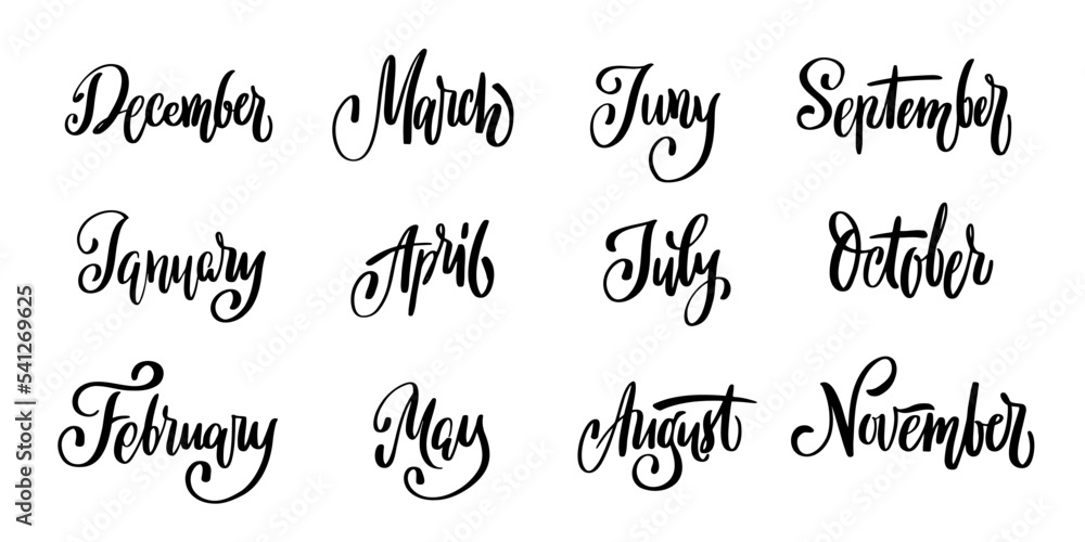 Set Vector Lettering 12 Months. Collection handwritten modern black ...