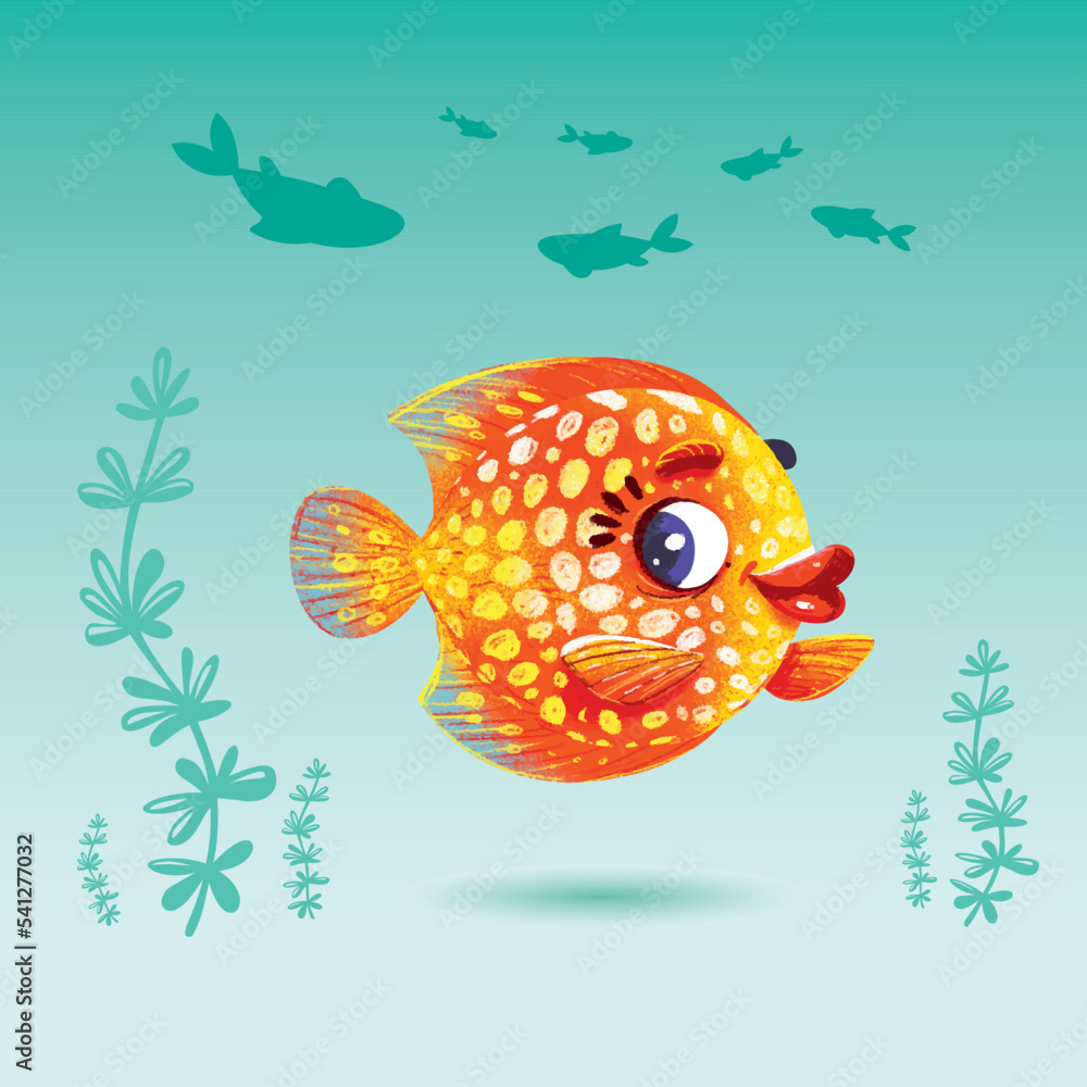 Vector de Stock Cute fish in underwater world cartoon, vector cartoon ...