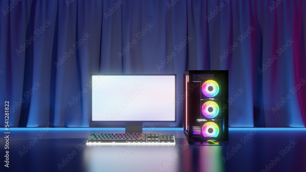 Game room computer desktop with blue curtain wall, Modern PC computer ...