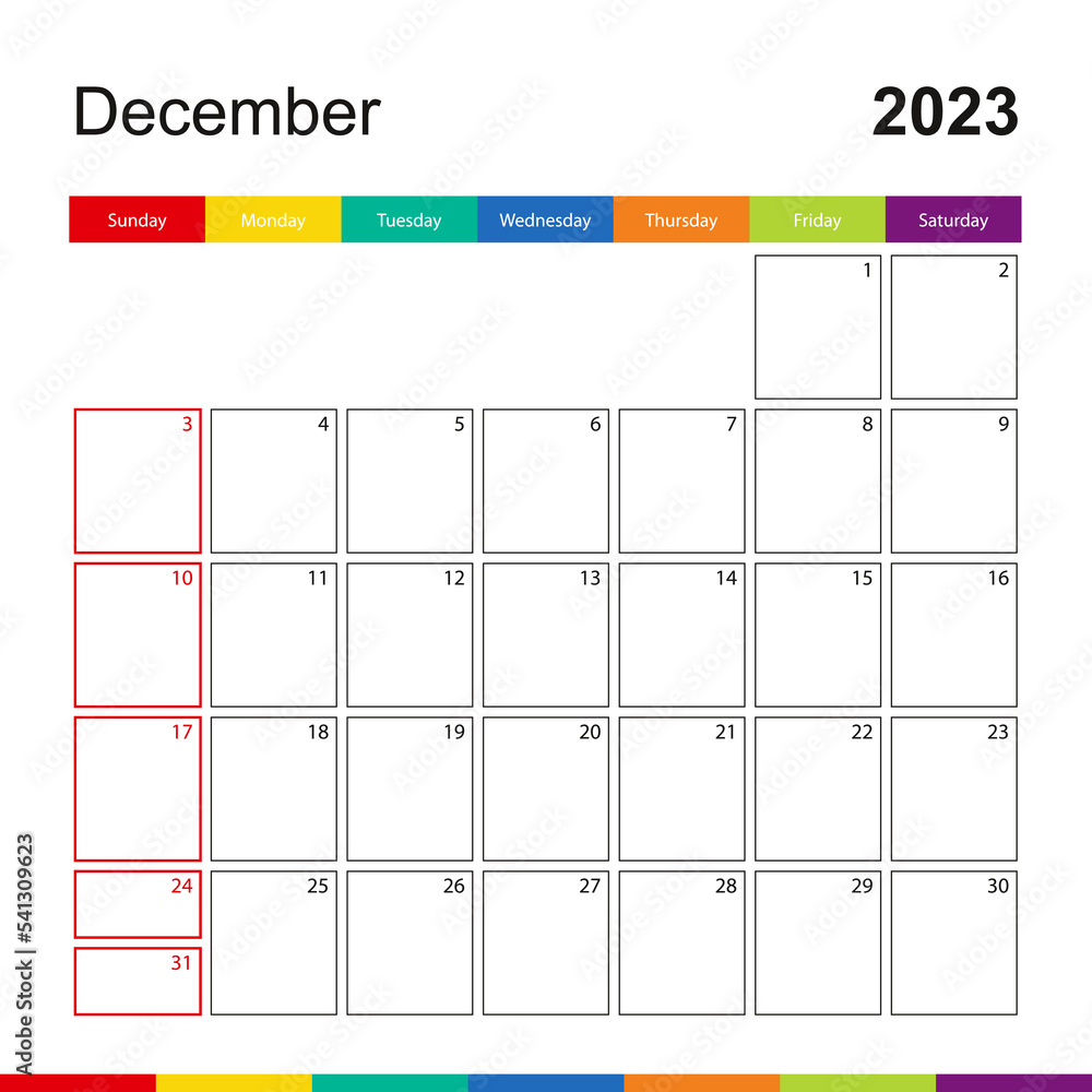 December 2023 colorful wall calendar, week starts on Sunday. Stock ...