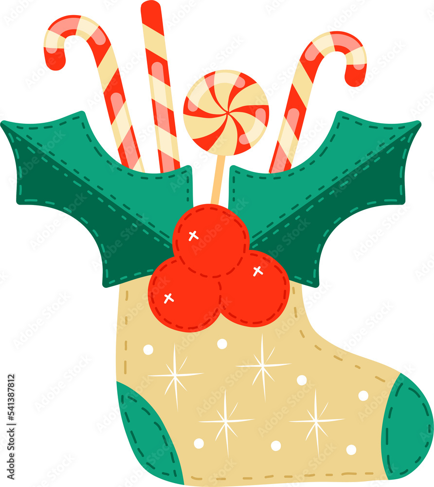 Cute Christmas sock for gifts. Valenok with sweets. Holly leaves ...