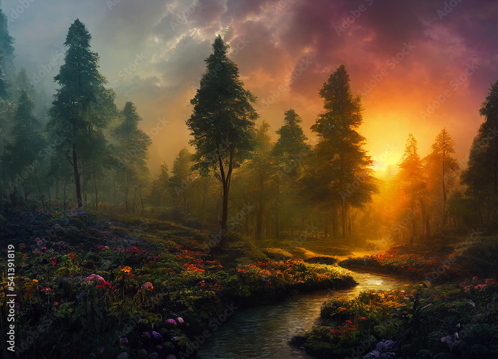 colorful sunset forest scenery with beautiful trees and plants, natural ...