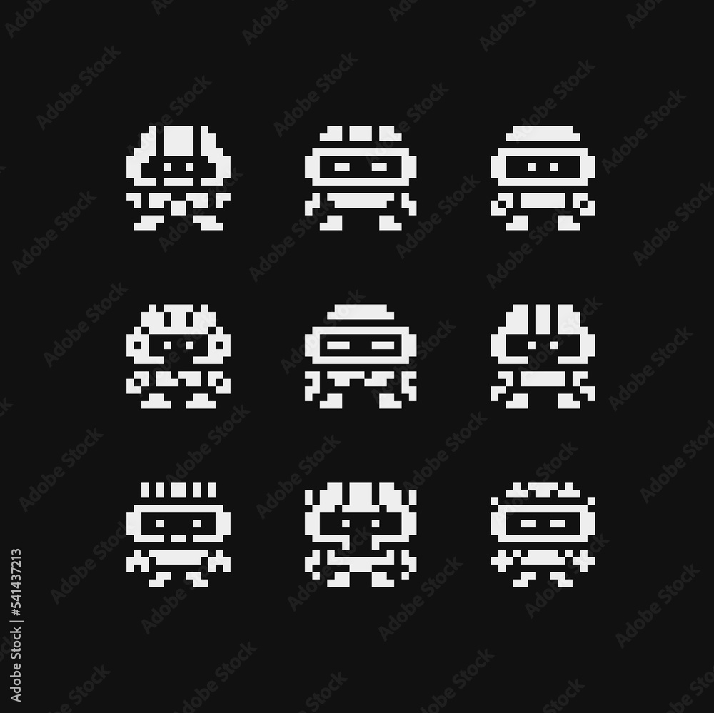 Stock-Vektorgrafik „Cute android. Chat bot robot pixel art characters ...