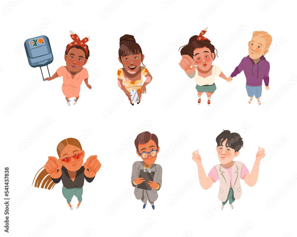 View from above of different people set. Young men and women, top view ...