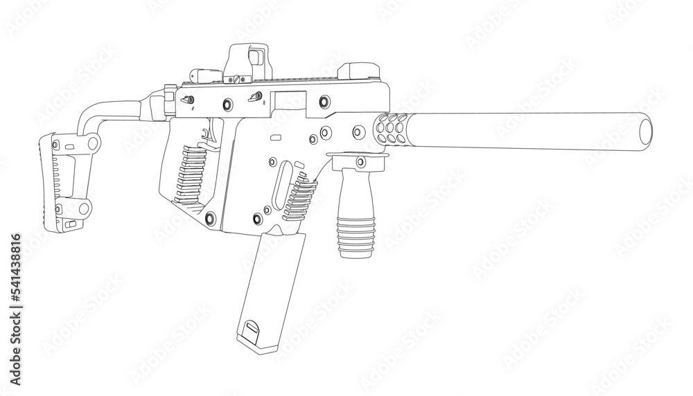 Outline of a military machine gun from black lines isolated on a white ...