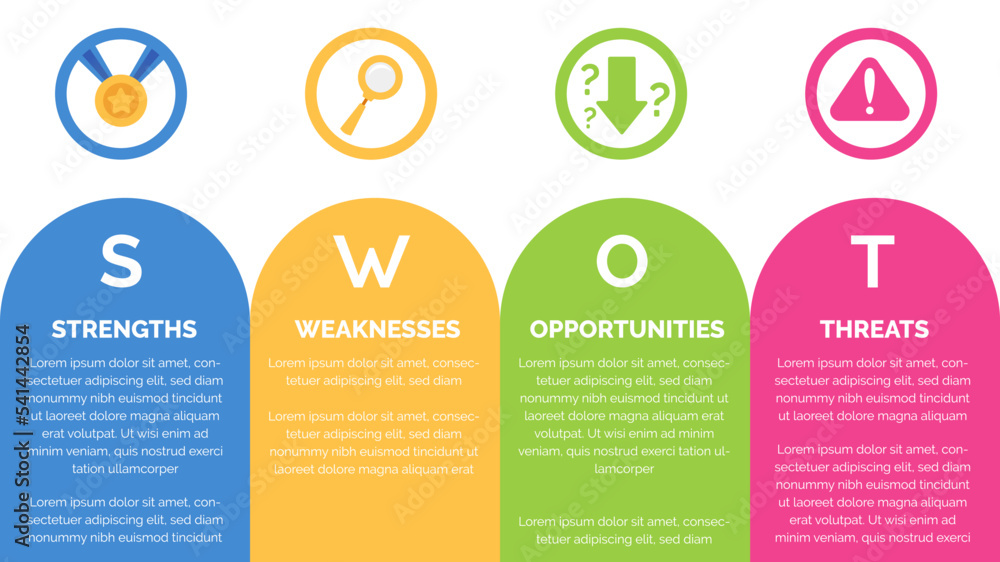 SWOT Analysis. Infographic with four circles, icons, steps and space ...
