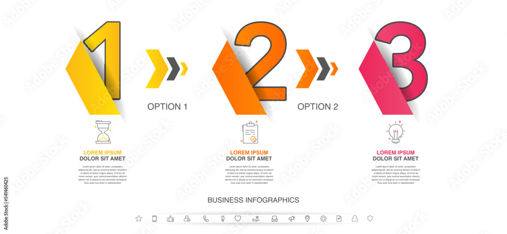 Vector timeline infographics with three steps, icons, flowchart ...
