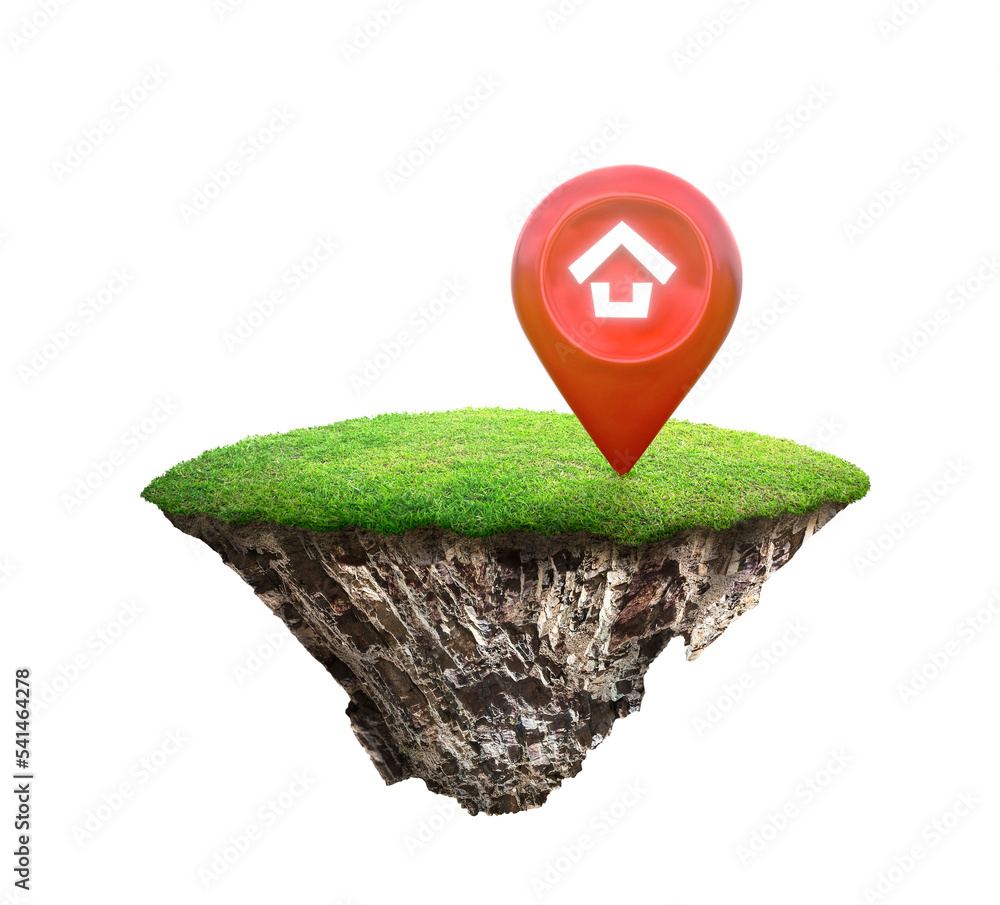 House symbol with location pin icon on round soil ground cross section ...