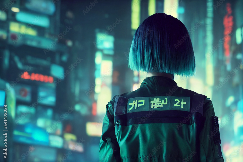 Concept art illustration of woman asian cyberpunk city at night Stock ...