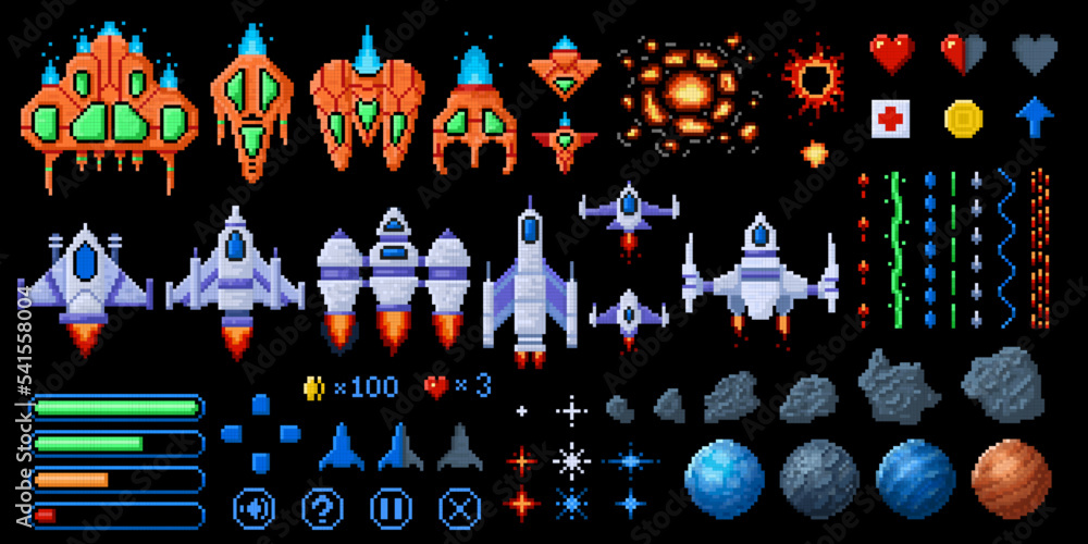 Pixel art space game elements. 8bit starships, asteroids and planets ...