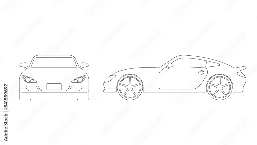 Sports car line drawing illustration. Front view and side view. Stock ...