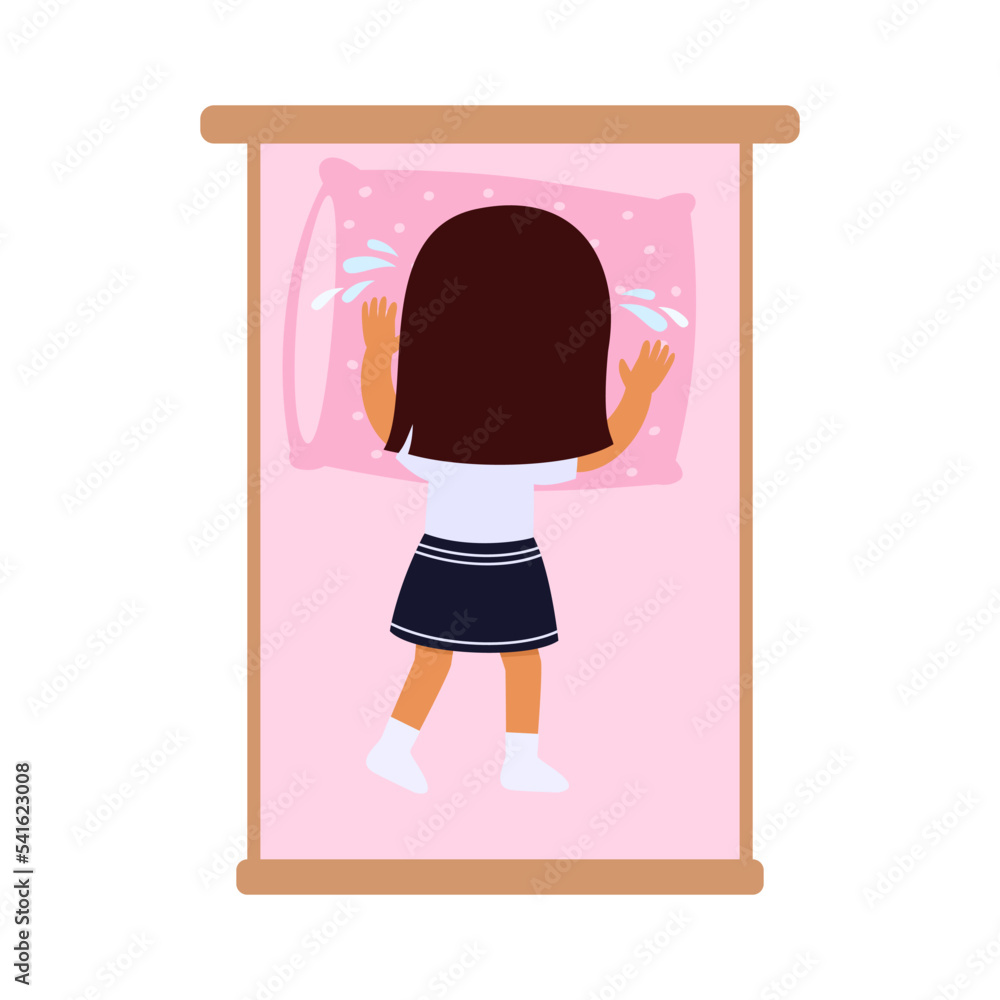 Upset little girl is crying in bed. Dark skin pupil girl. Illustration ...