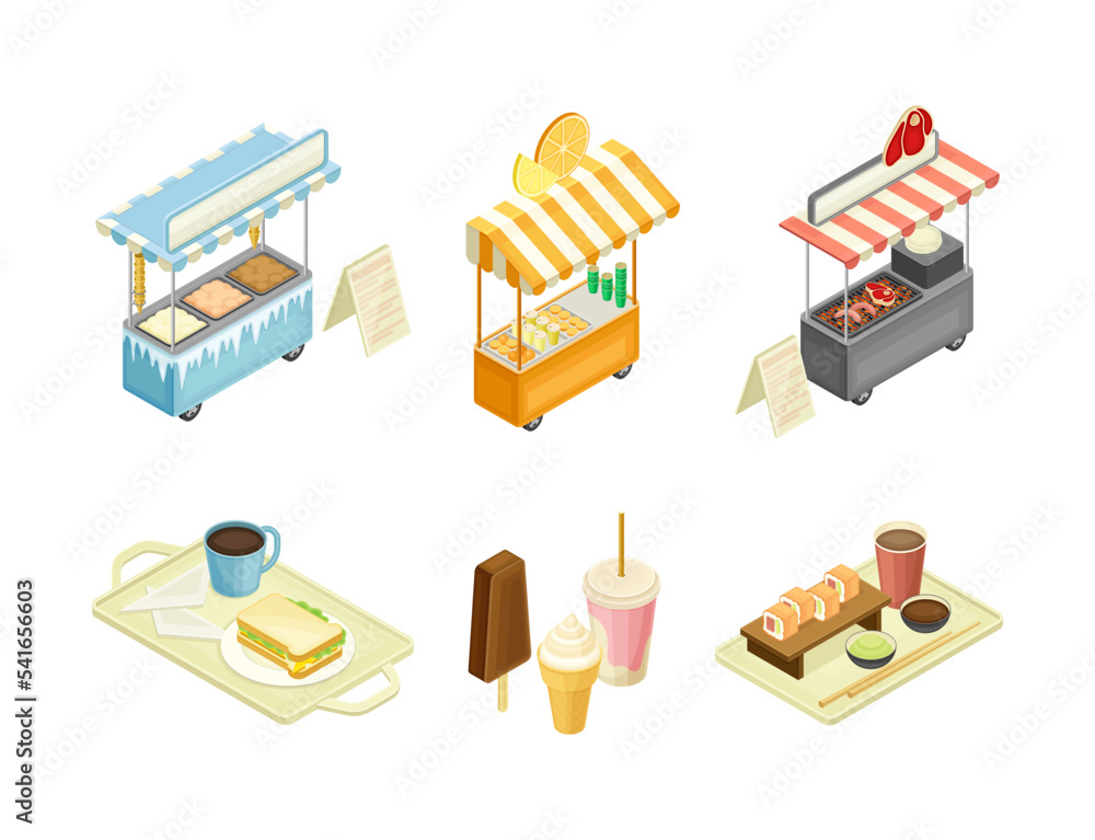 Street food market stalls set. Carts for outdoor summer fair, food ...