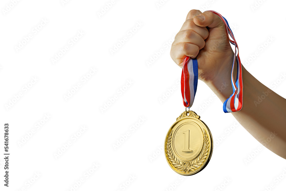 woman hand raised, holding gold medal on isolated free PNG background ...