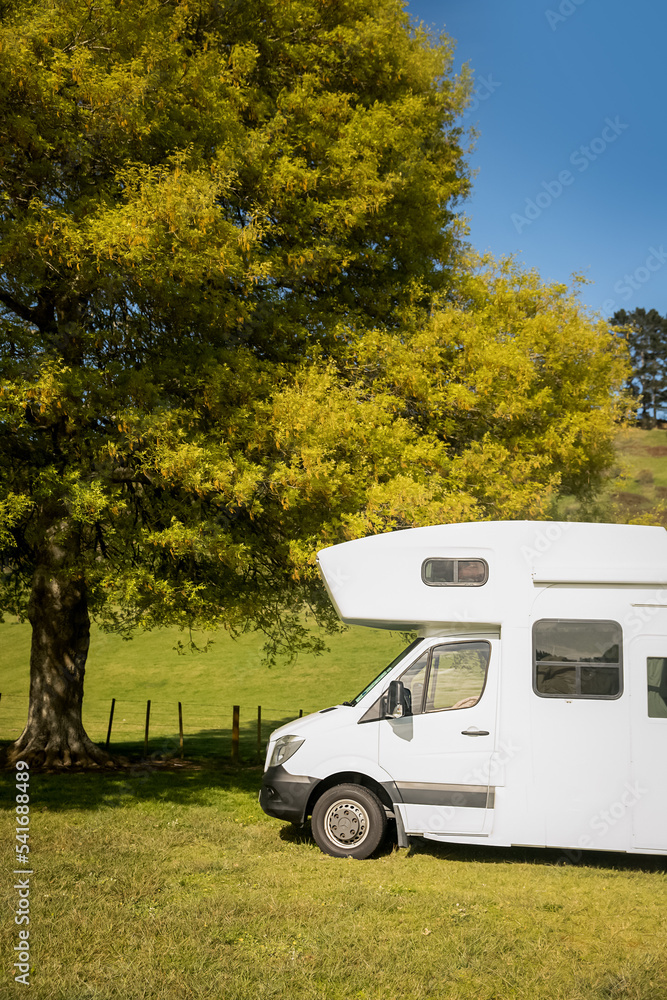 motorhome, caravan or campervan on natural background, vanlife concept ...