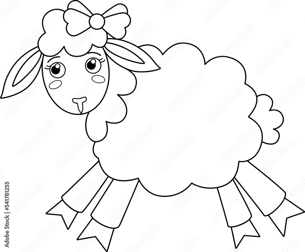 Lamb, Cute little sad sheep with a bow - vector linear picture for ...