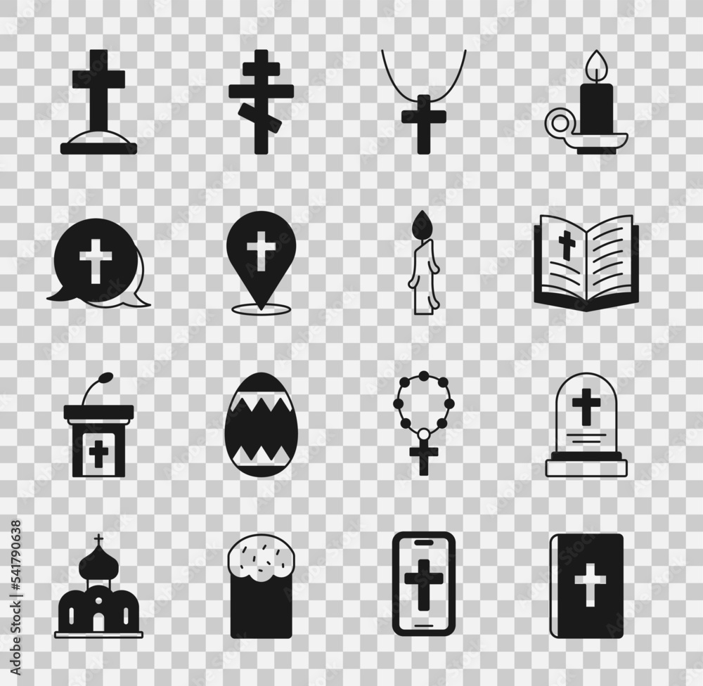Set Holy bible book, Grave with tombstone, Christian cross chain ...
