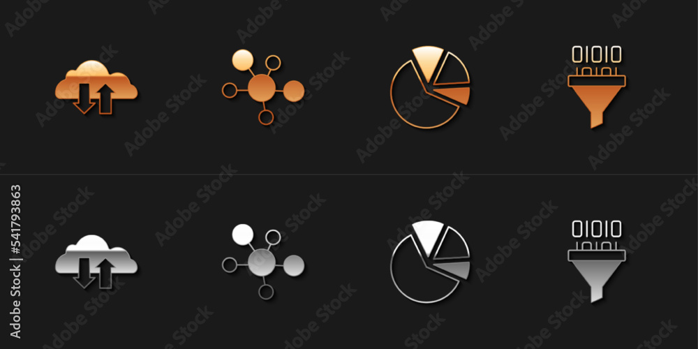 Set Cloud download and upload, Mind map infographic, Pie chart and Binary code icon. Vector ...