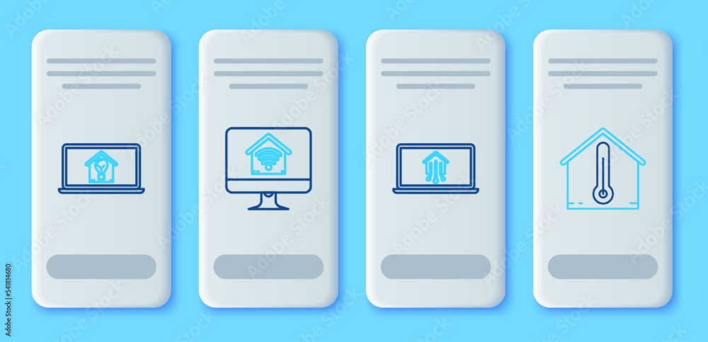 Set line Computer monitor with smart home with wi-fi, Laptop, house and ...